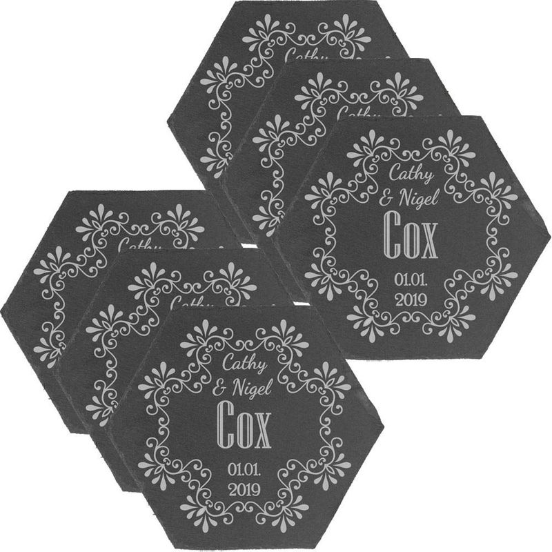 Personalised Engraved Hexagon Slate Wedding Coaster with Names Set of 6 ...