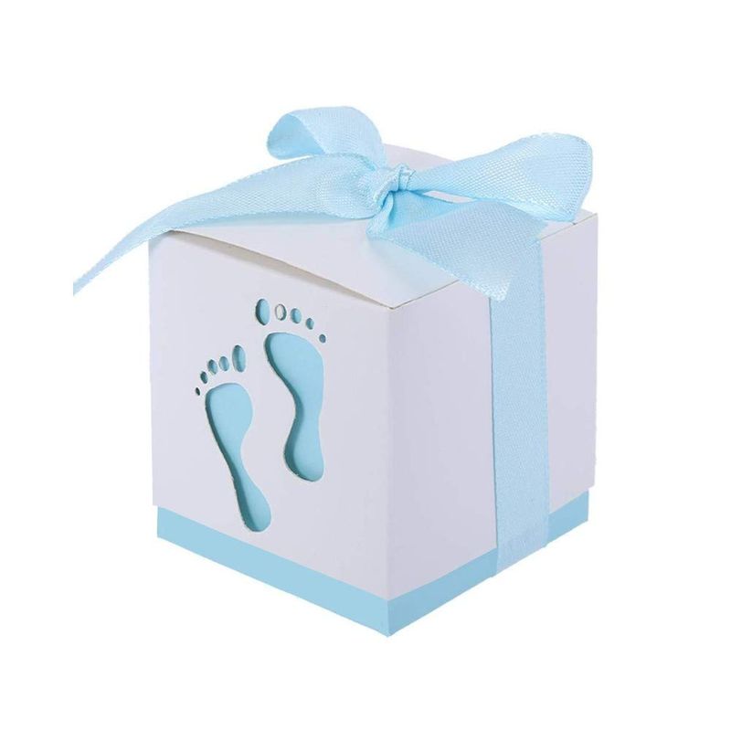 JZK 50 x Blue footprint paper baby shower favour boxes for boy baby ...