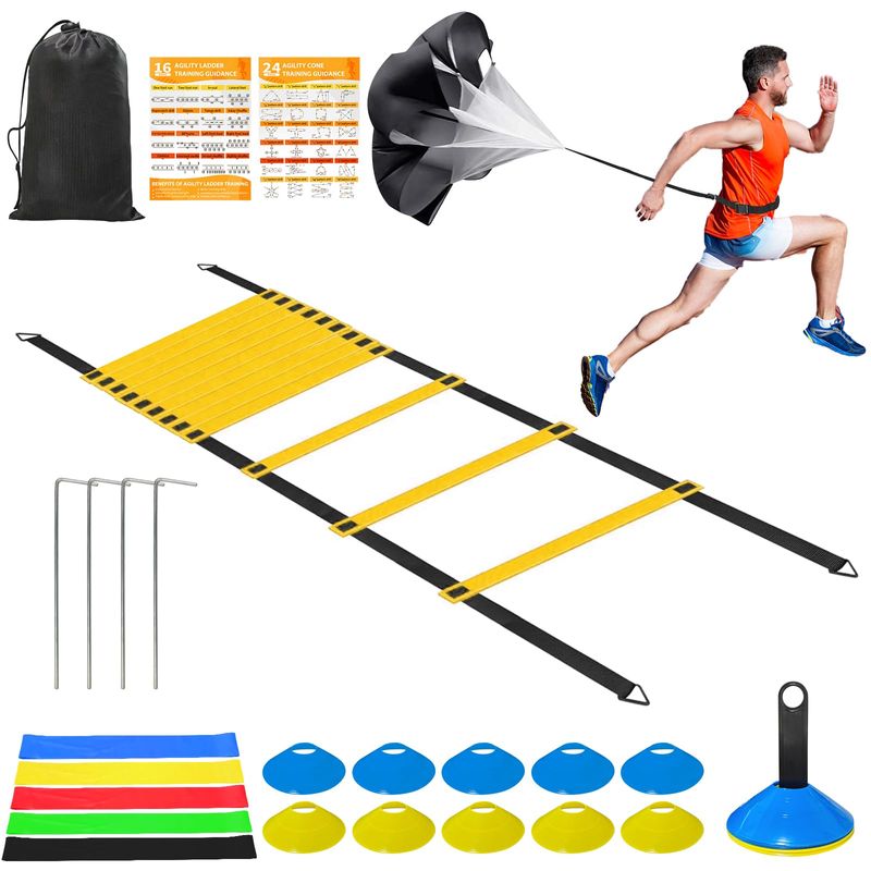 Panykoo Speed Agility Training Equipment Set - 20ft Agility Ladder, 12 Disc Cones, Resistance ...