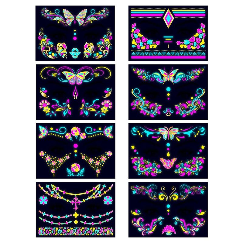 Neon Face Temporary Tattoo,8 Sheet Glow in the Dark Neon Face Tattoo ...