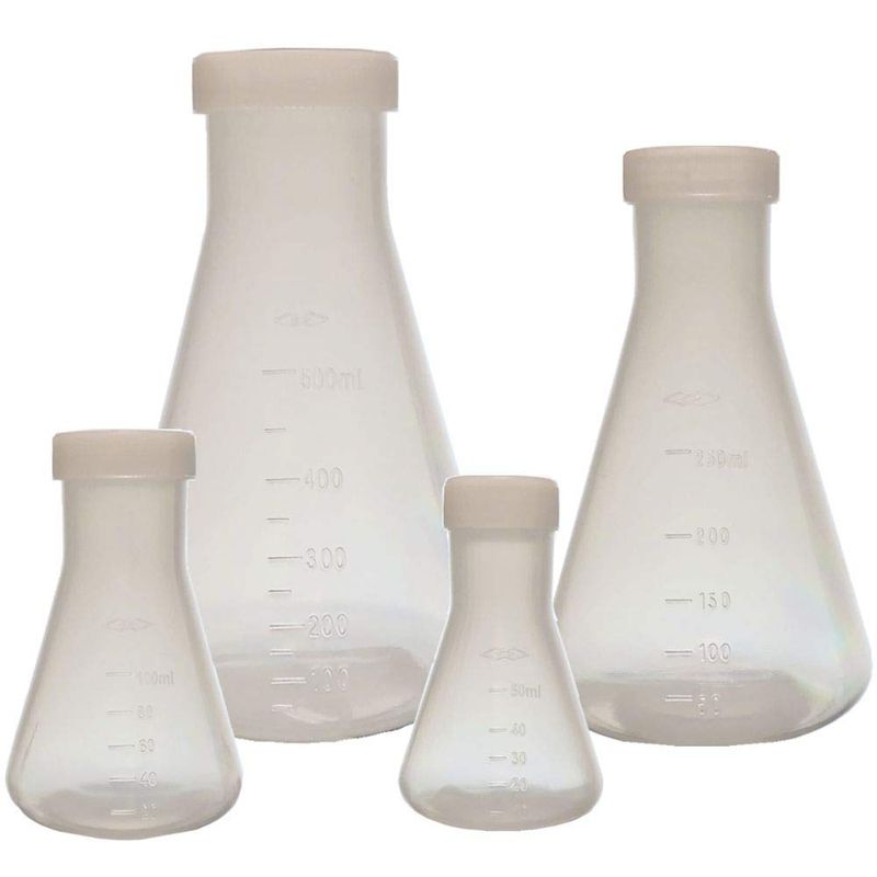 Plastic Erlenmeyer Flask Set with Screw Caps - 4 Sizes - 50, 100, 250 ...