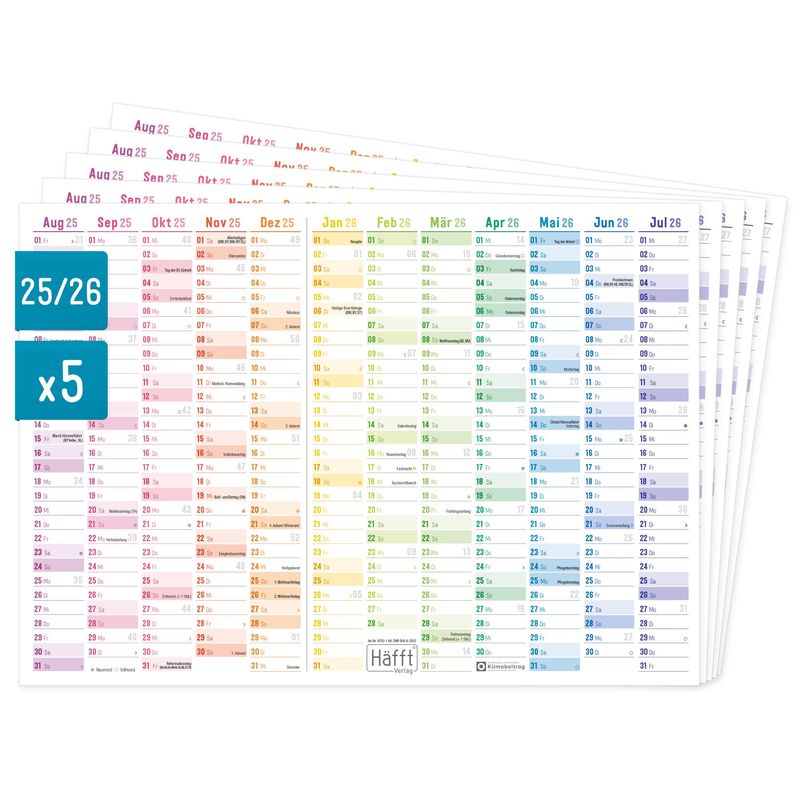 =Häfft® Pack of 5 Wall Calendars School Year 2025/2026 A4 Landscape ...