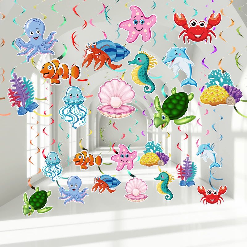 30 Pieces Sea Animals Hanging Swirl Decorations Under the Sea Birthday ...