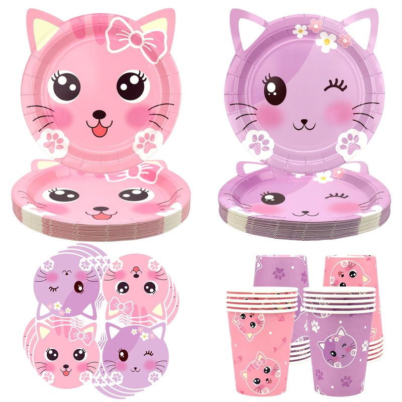 Cat Birthday Party Supplies Set, Kitten Tableware Includes Plates, Cups ...
