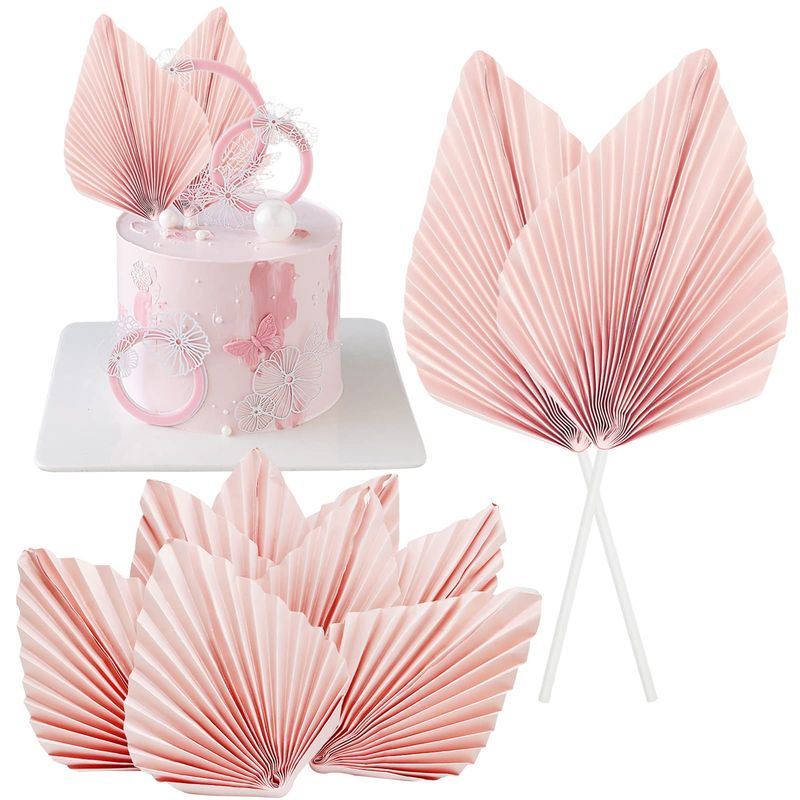 Pink Paper Palm Fan Cake Toppers, Wieat 8 Pcs Happy Birthday Cake ...