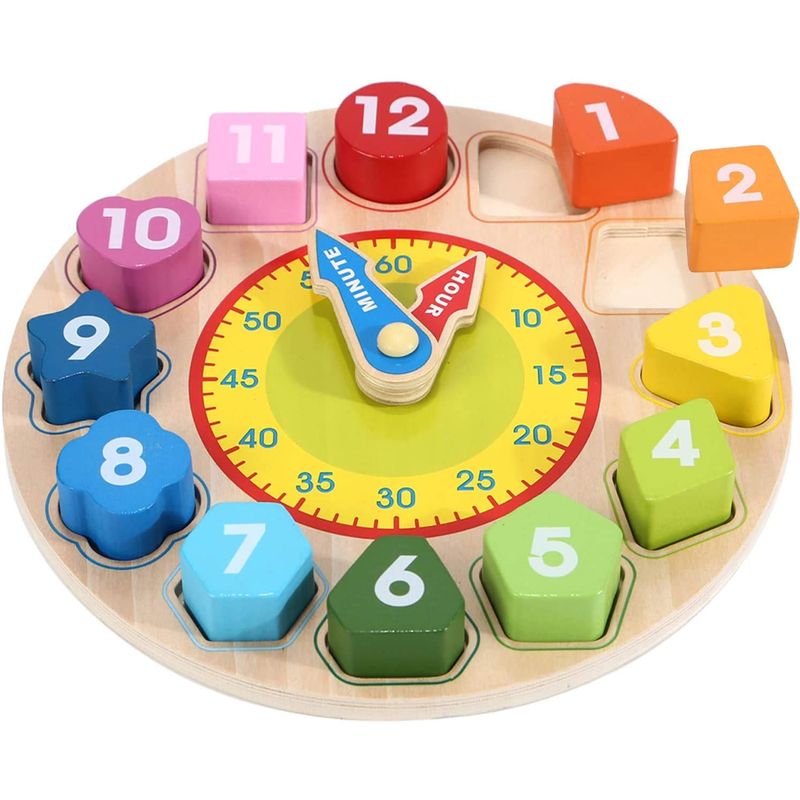 Wondertoys Wooden Shape Sorting Clock Toy with Numbers and Shapes Teaching Time Educational ...