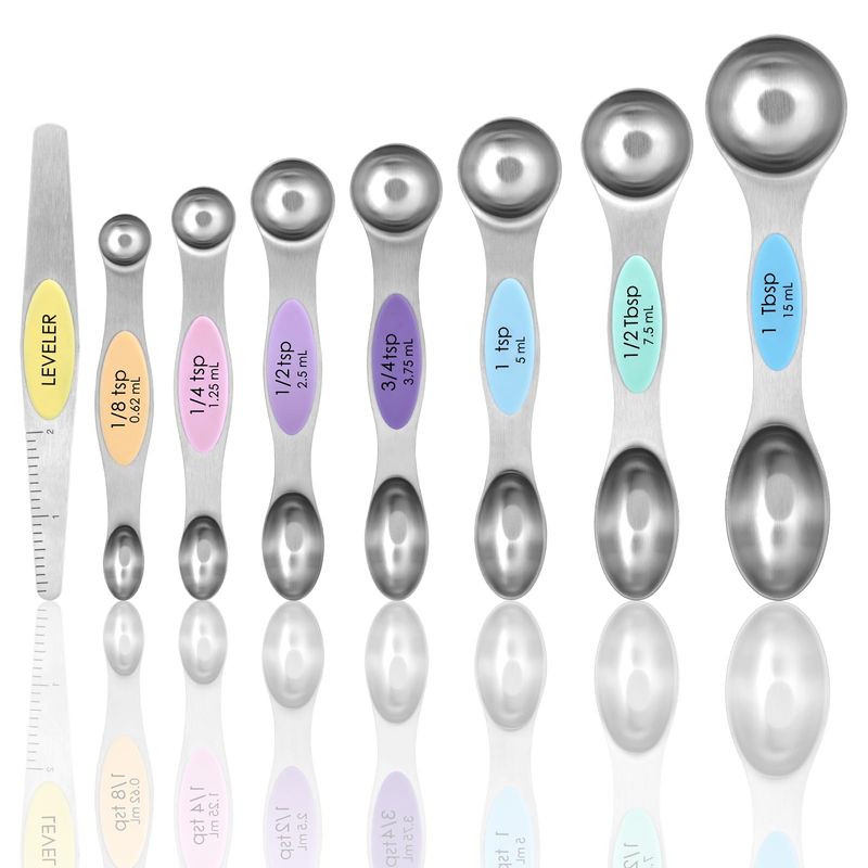 Magnetic Measuring Spoons Set of 8 with Leveler, Stainless Steel Metal ...