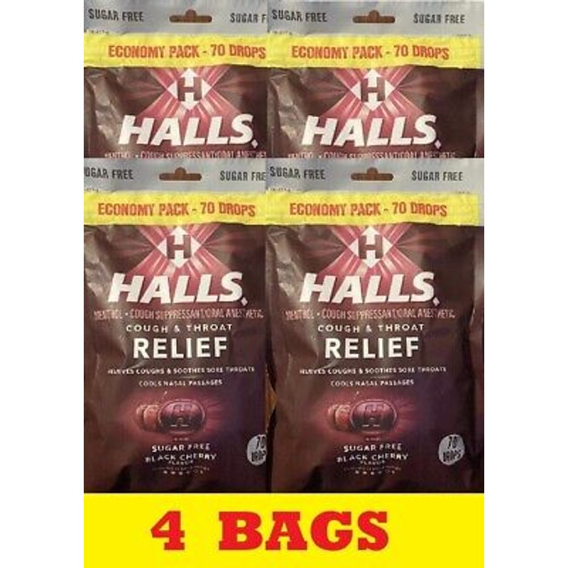 4x Halls ECONOMY PACK Black Cherry Cough & Throat Relief 70 Cough Drops ...