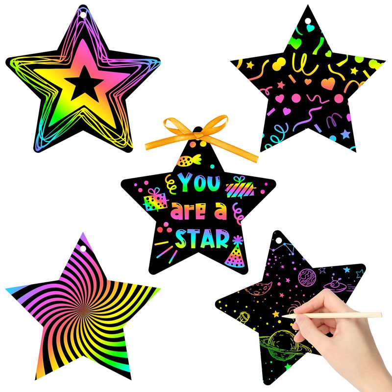 WATINC 60pcs Star Scratch Cards for Magic Color Craft Kit DIY Paper Art ...