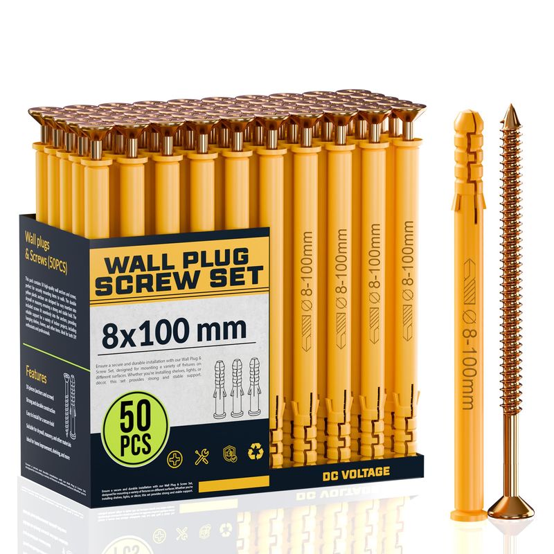 DC VOLTAGE 50pcs Wall Plugs and Screws Set 8 x 100 mm Anchor Bolts for ...