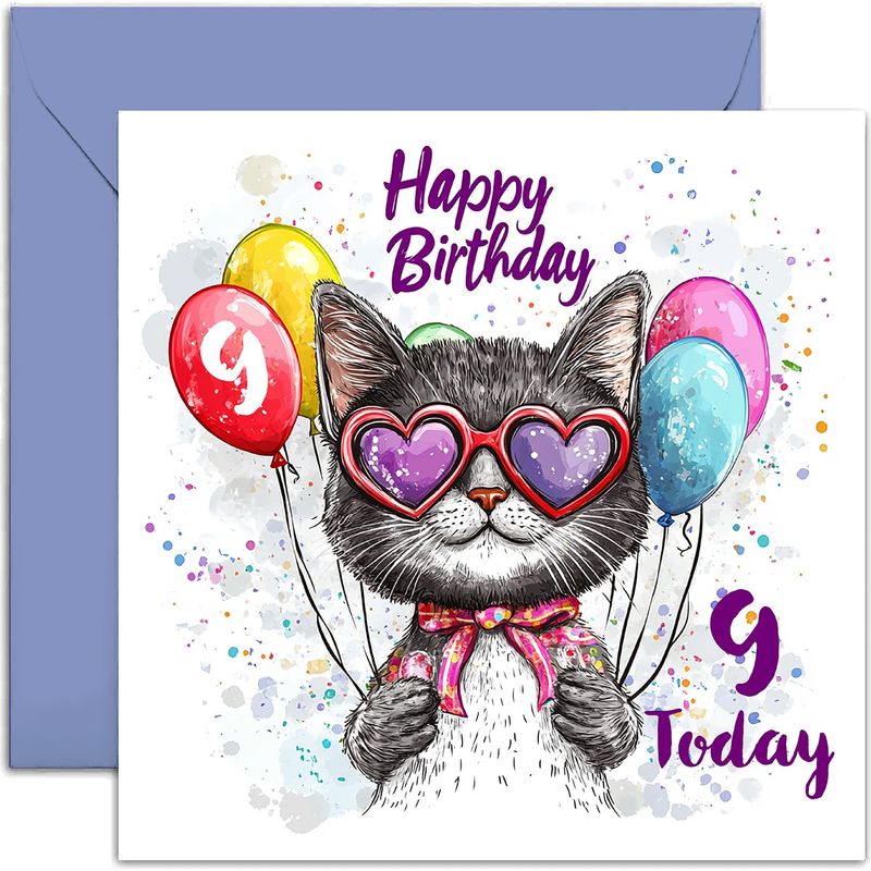 9th Birthday Card for Girl - Cool Cat With Balloons Card for 9 Year Old ...