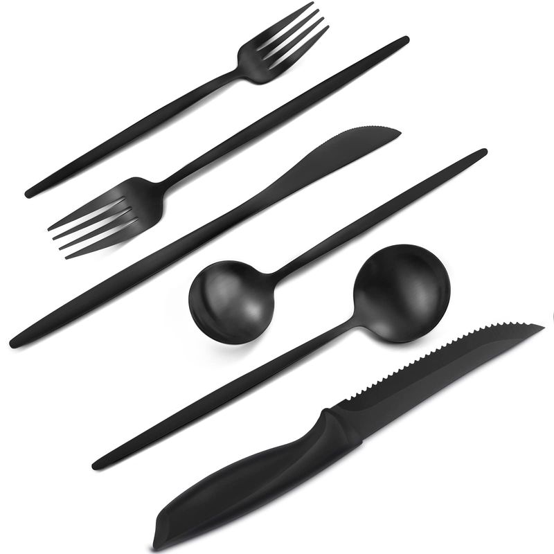 VANVRO 24 Pieces Matte Black Silverware Set with Steak Knives, Satin ...