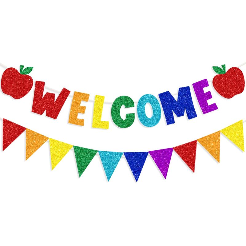 Glitter Welcome Banner with Apple Sign Colorful Glittery Pennant Banner ...