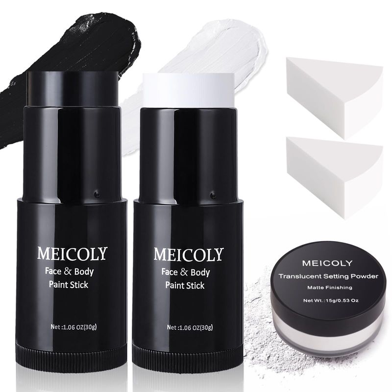 MEICOLY Black White Face Body Paint Stick Set with Sponges and Setting ...