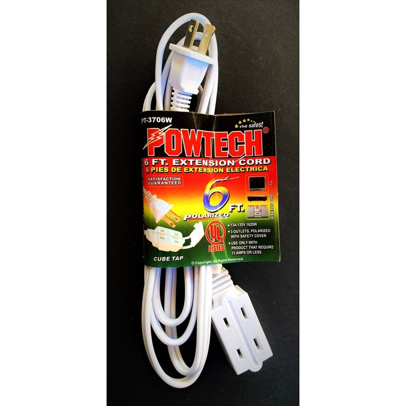 6ft White Electrical Extension Cord Power Wire 2 Prong 3-Way Electric ...