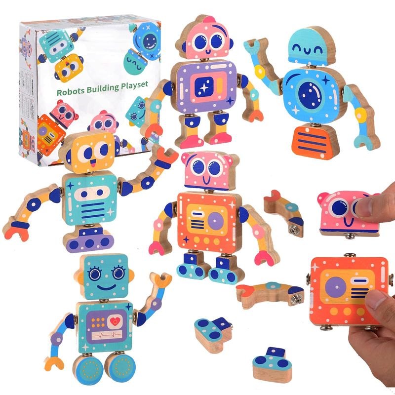 Bambebe Robot Building Block Set, Montessori Toys 1 Year Old, Wooden ...