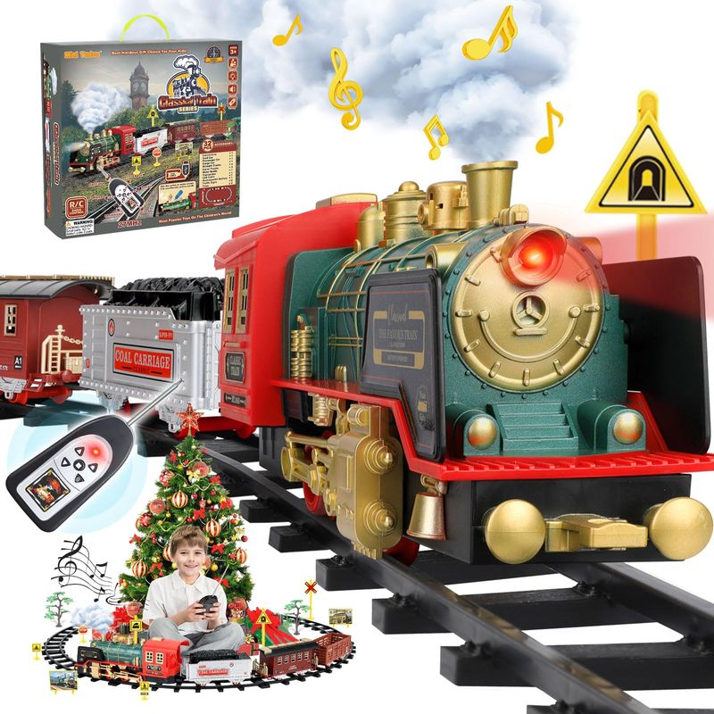 Mini Tudou Christmas Electric Train Set w/Steam, Sound & Light, Remote ...