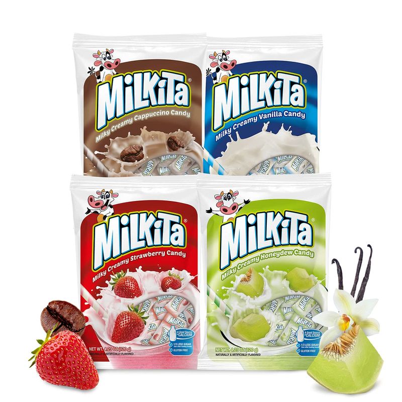 Milkita Creamy Shake Candy Pack of 4, Gluten Free Chewy Candies with Calcium & Real Milk, Zero ...