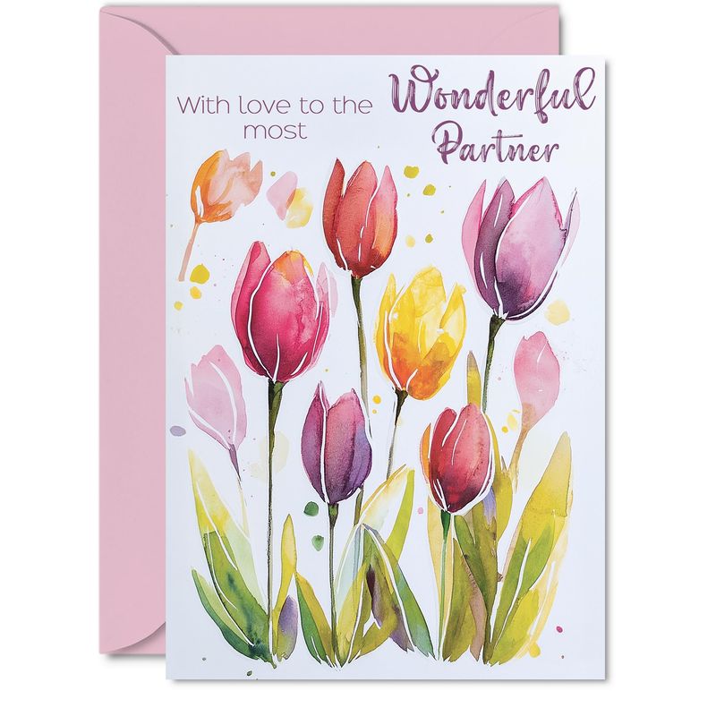 Partner Birthday Card - Watercolour Tulips Flowers - Happy Birthday ...