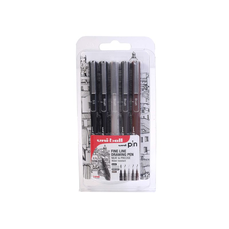 uni-PIN 5pc clampack set, Black Fine Line 0.5mm pen and 4 Brush Tip ...