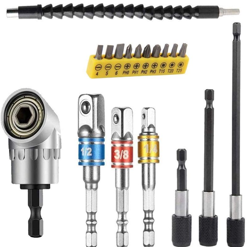 Flexible Drill Bit Extension Set, Includes 105° Right Angle Drill, Bendable Drill Extension ...