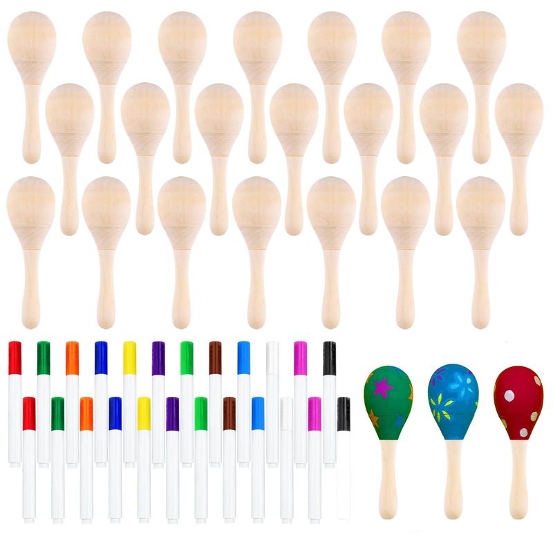 Morcheiong 24Pcs DIY Mini Wooden Maracas for Kids with 24Pcs Multicolor Pens, Fiesta Mexican ...