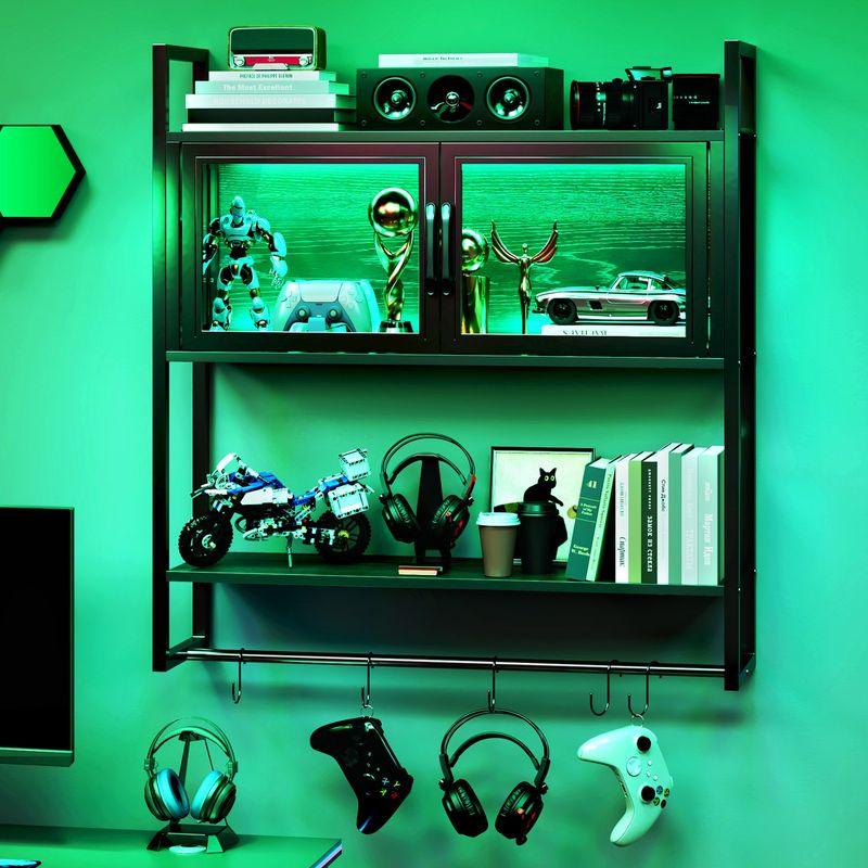 TC-HOMENY Gaming Floating Shelves With LED Wall Mounted Display Wooden ...