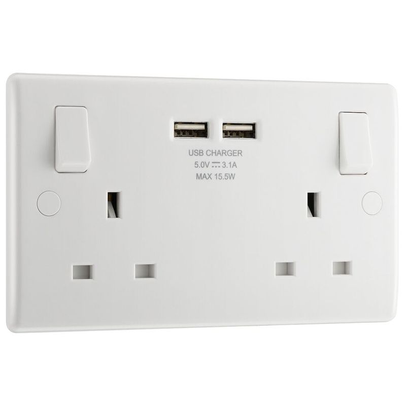 BG Electrical Double Switched Power Wall Plug Socket with Two USB ...