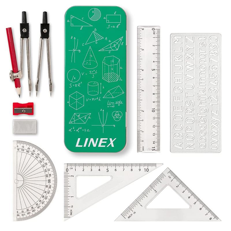 Linex Maths Set for Students, Geometry Set in a Tin, 10 Pieces, Compass ...