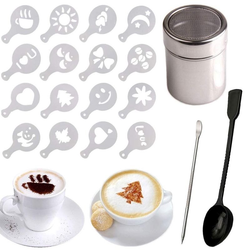 Stainless Steel Chocolate Shaker Duster + 16 Cappuccino Coffee Barista ...