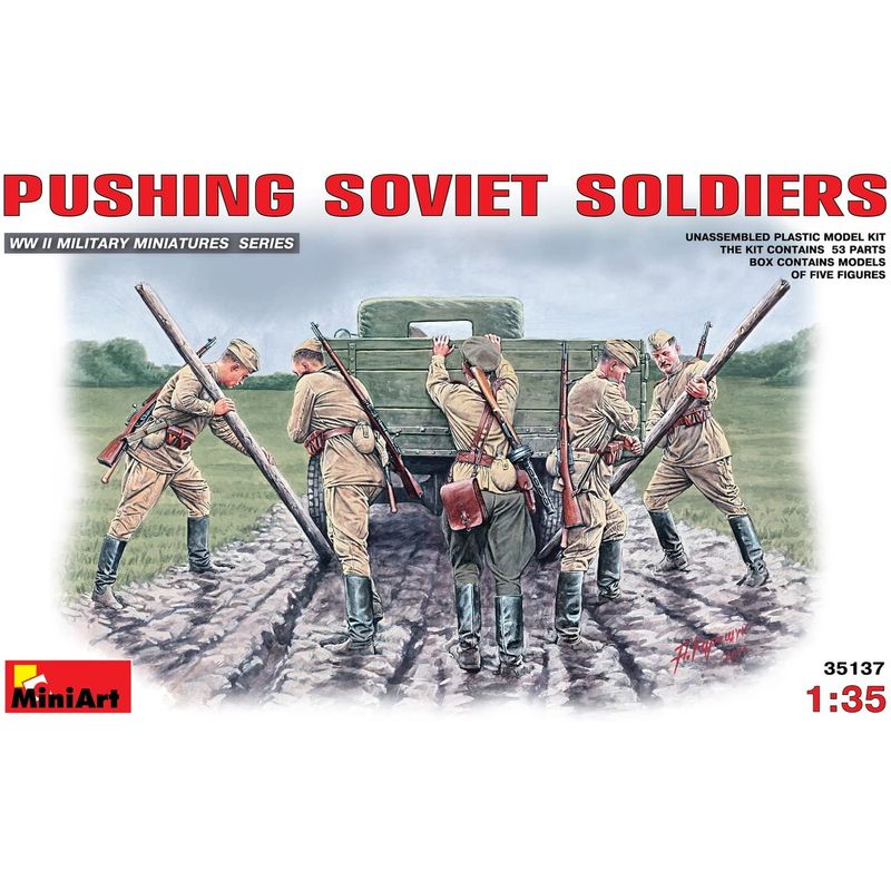 Miniart 1:35 Scale Pushing Soviet Soldiers Plastic Model Kit - EveryMarket