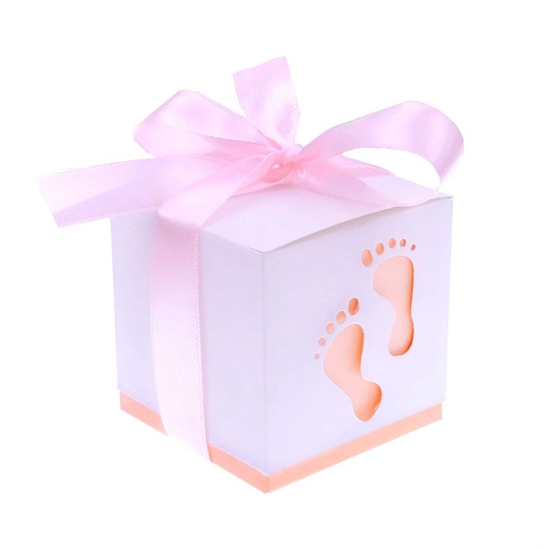 JZK 50 x Pink footprint paper baby shower favour boxes for girl baby ...