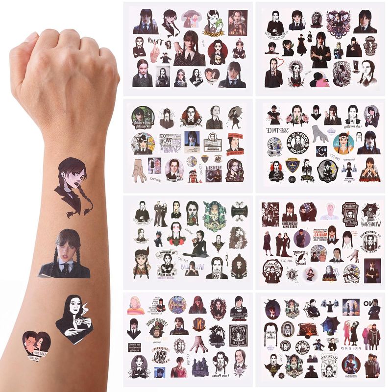 Wednesday Temporary Tattoos, 8 Sheets Cartoon Wednesday Movie Theme ...