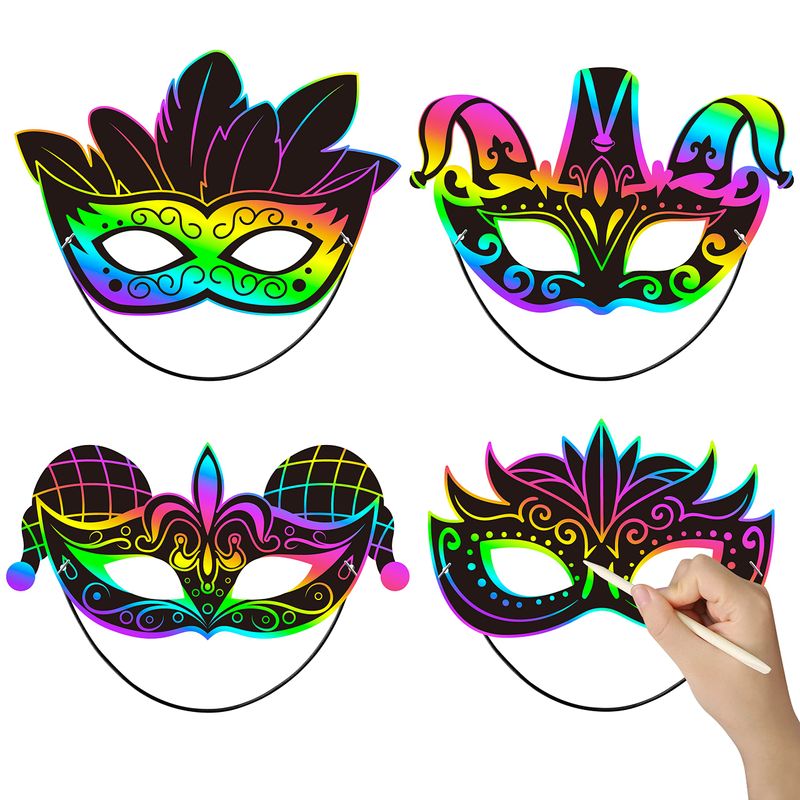 WATINC 24pcs Mardi Gras Halloween Scratch Masks for Kids, Carnival Prom ...