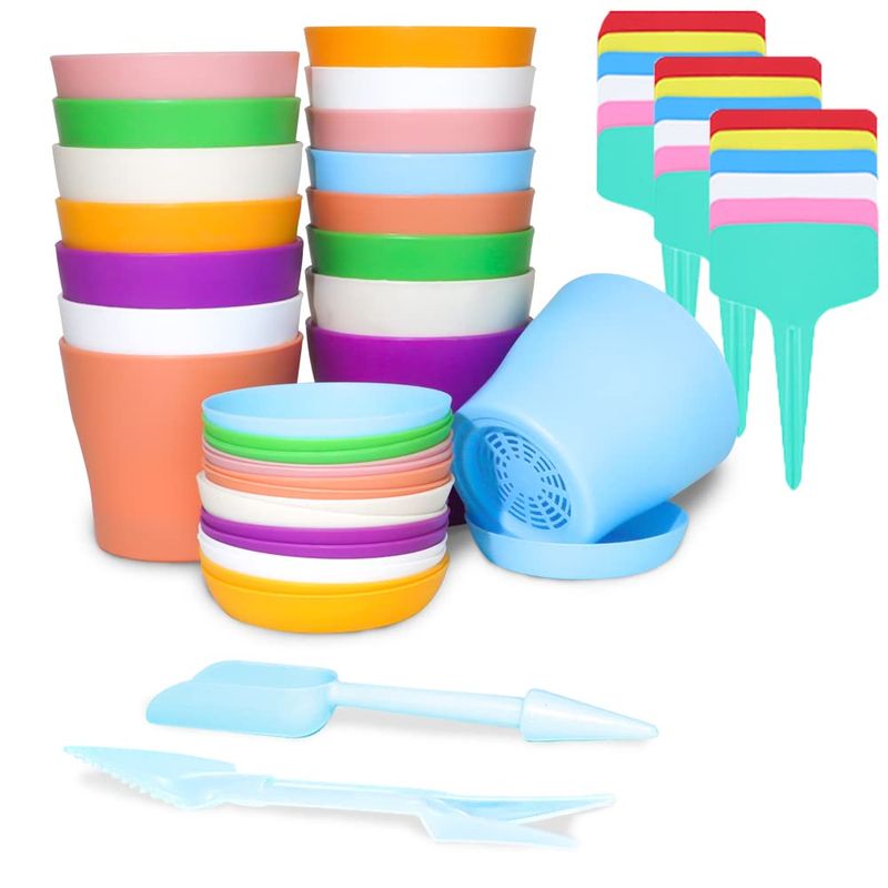 36Pcs Colorful Plastic Plant Pots Set, 16 Small Indoor Flower Pots with ...
