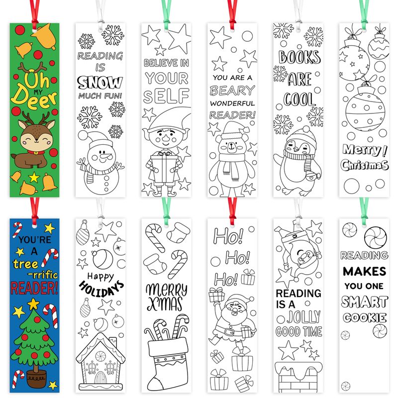ANGOLIO 75Pcs Christmas Color Your Own Bookmarks Kids DIY Coloring ...