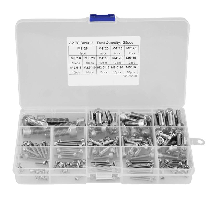 135Pcs Nuts and Bolts Set, M2 M2.5 M3 M4 M5 M6 M8 Stainless Steel Flat Hex Head Screws Bolts ...