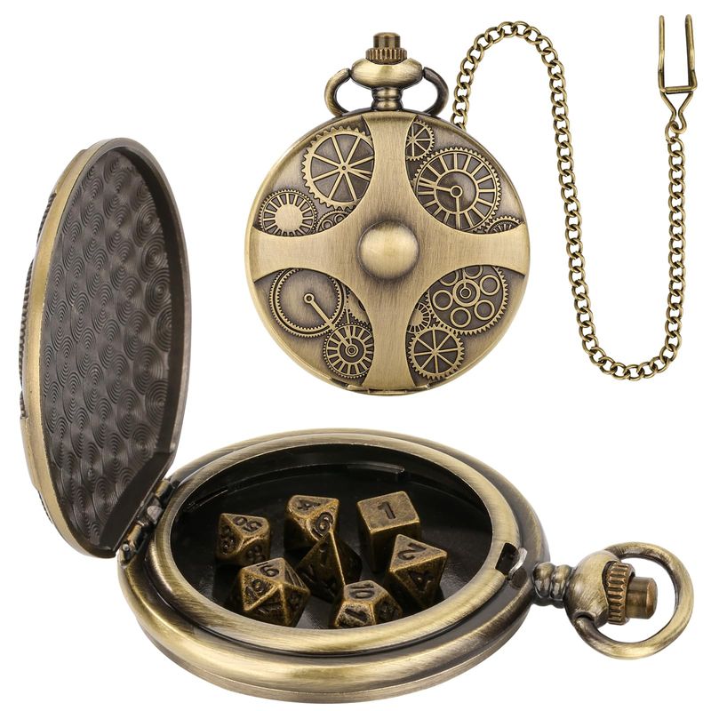 Mini DND Dice Set with Bronze Steampunk Gear Pocket Watch Shell Case ...