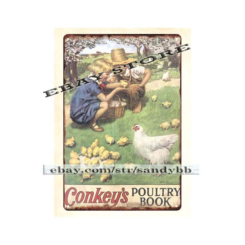 1926 CONKEY'S POULTRY BOOK cover raising chicks farm kids metal tin ...