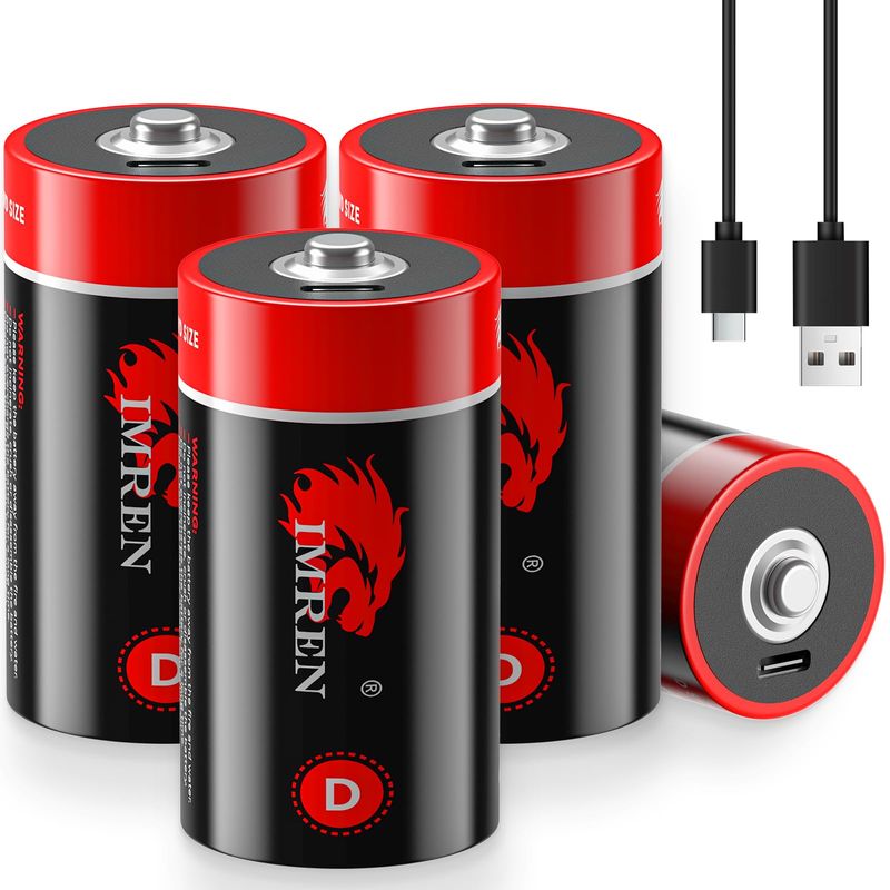Imren Rechargeable Lithium D Batteries, Rechargeable D Batteries with 4 ...