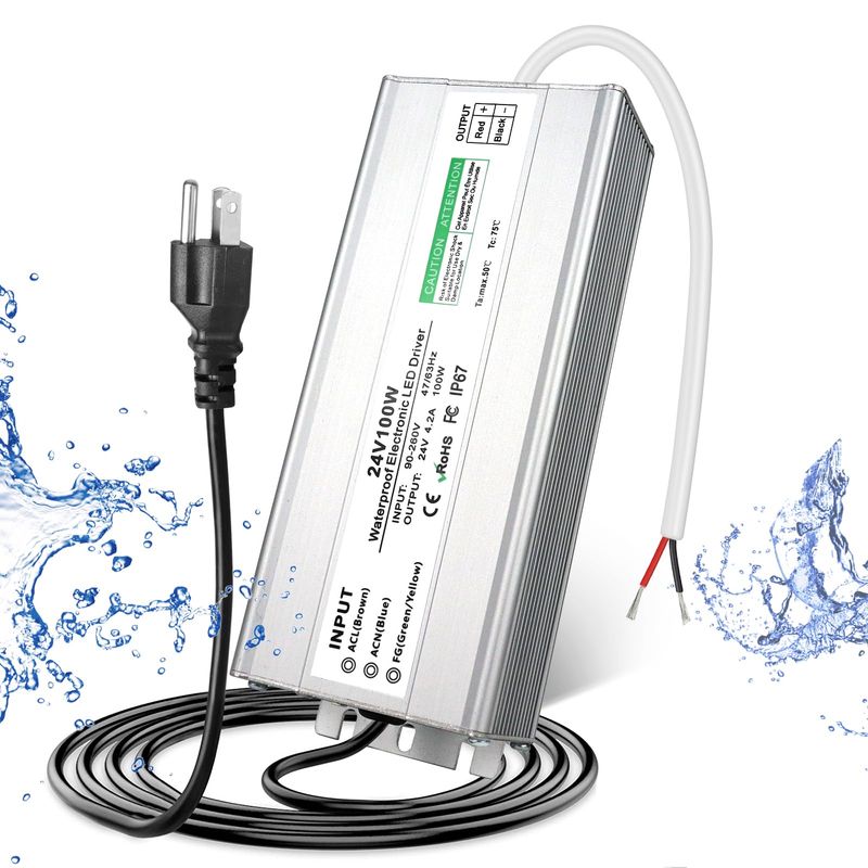 24V 100W LED Power Supply, Waterproof IP67 LED Driver, AC 110V to DC 24 ...