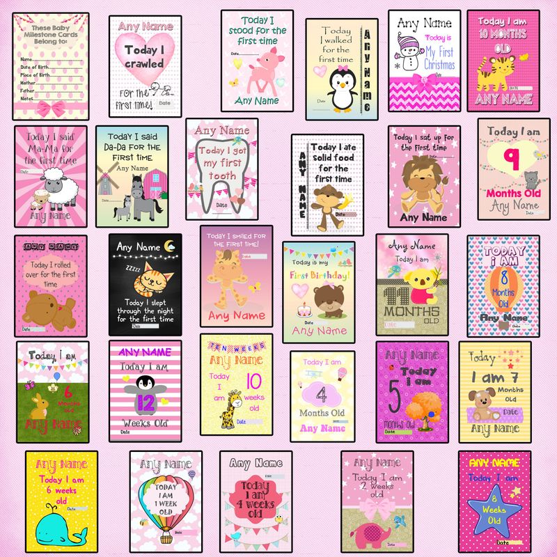 Baby Milestone Cards - Set of 30 Personalised Baby Girl - ADD The Babys ...