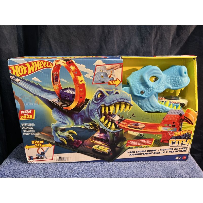 Hot Wheels City T-Rex Chomp Down Track 2023 Mattel Blue Dinosaur Dino ...