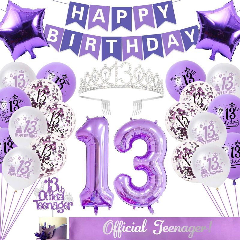 Purple 13th Birthday Decorations for Girls, Includes Happy Birthday ...