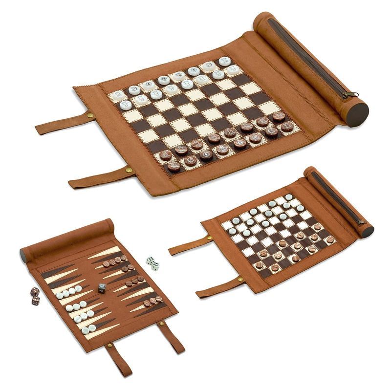 Woodronic Upgraded 3 in 1 Backgammon Chess Checkers Set, Roll Up Travel ...