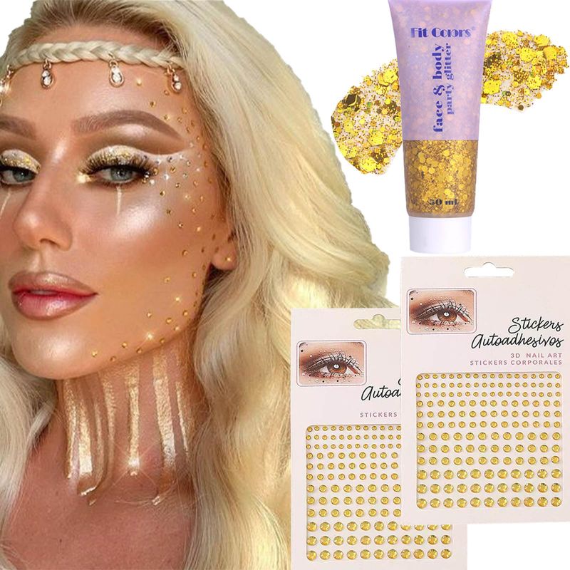 YOSOMK Gold Body Glitter Gel & 2 Sheets Face Gems Rhinestones Set, Face ...