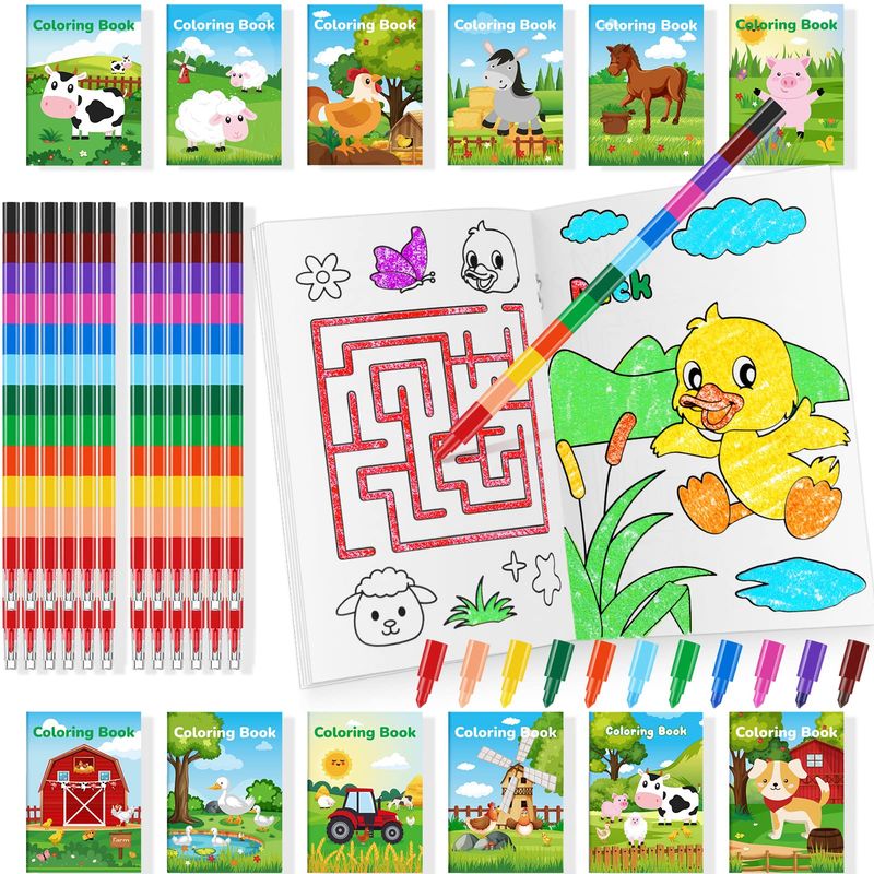24 Farm Animals Coloring Books with 24 Stacking Crayons party favors ...