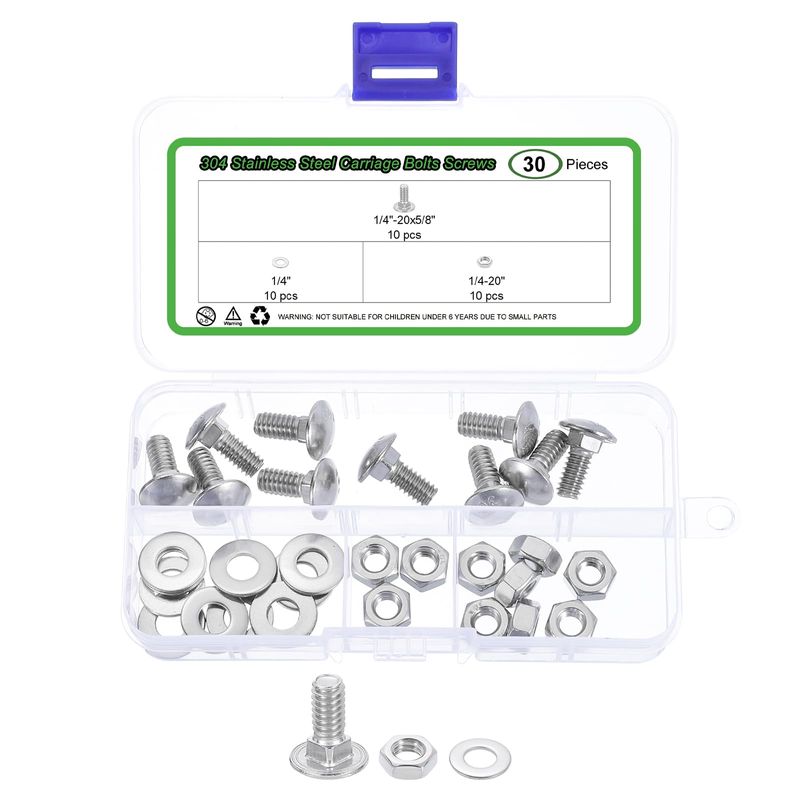 sourcing map 10 Set Carriage Bolts and Nuts Kit, 1/4"-20x5/8" Stainless ...