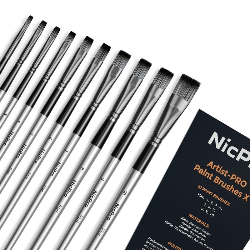 Nicpro 10 PCS Flat Paint Brush Set Art Painting Brushes for Acrylic ...