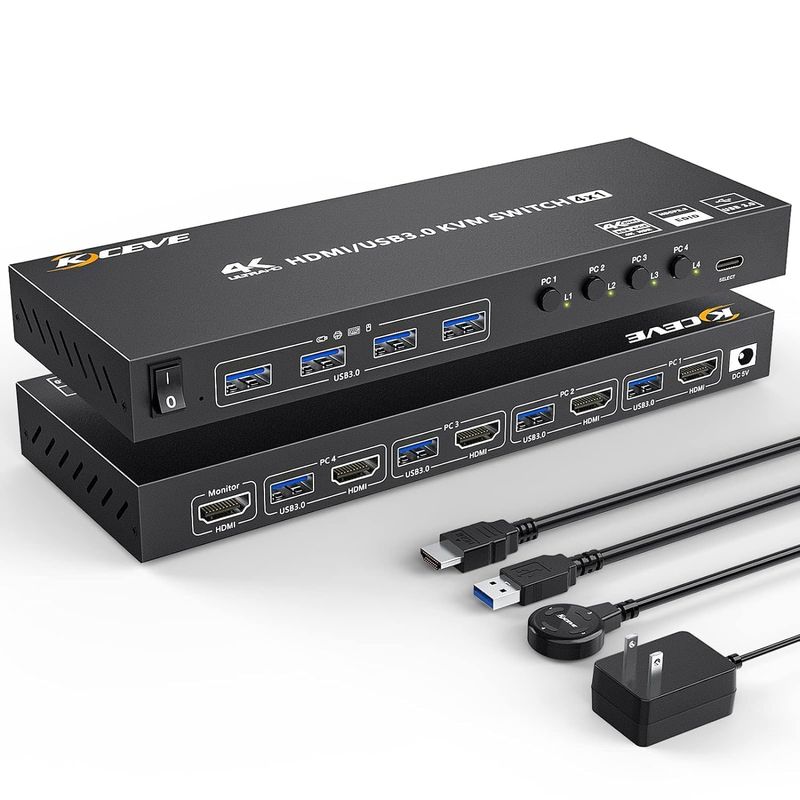 HDMI KVM Switcher 4 Ports 4 in 1 Output PC Switch 4K@60Hz, KVM HDMI 4 Port Switcher with 4 USB 3 ...